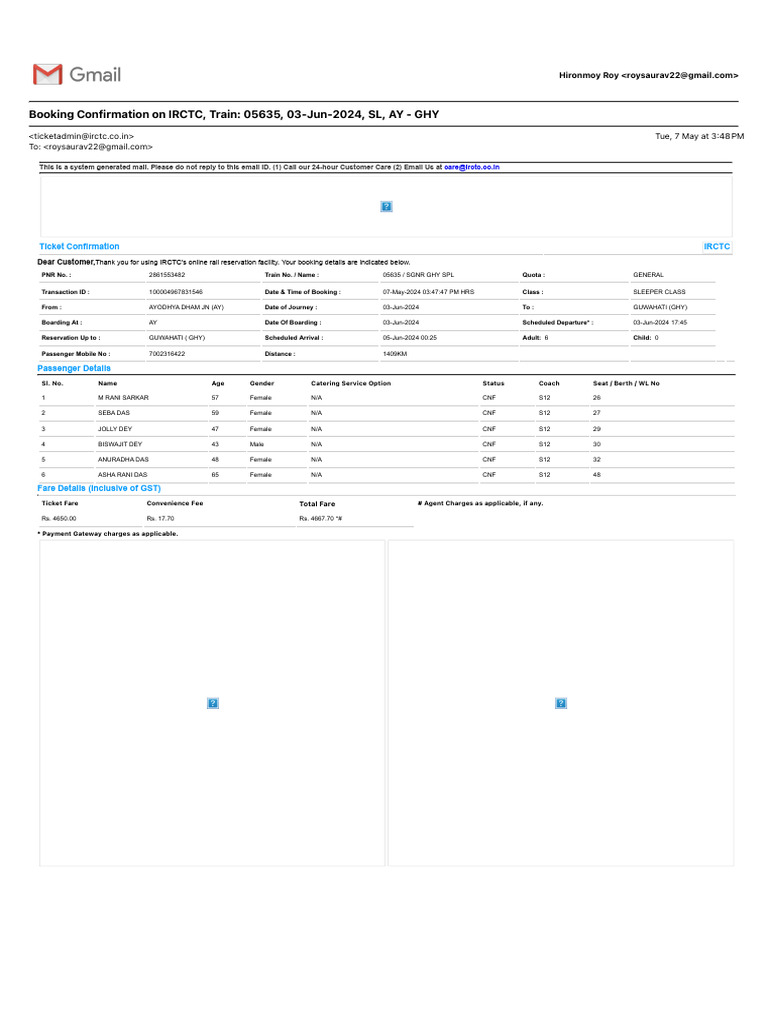 IRCTC Train Booking Confirmation 05635 | PDF | Service Industries ...