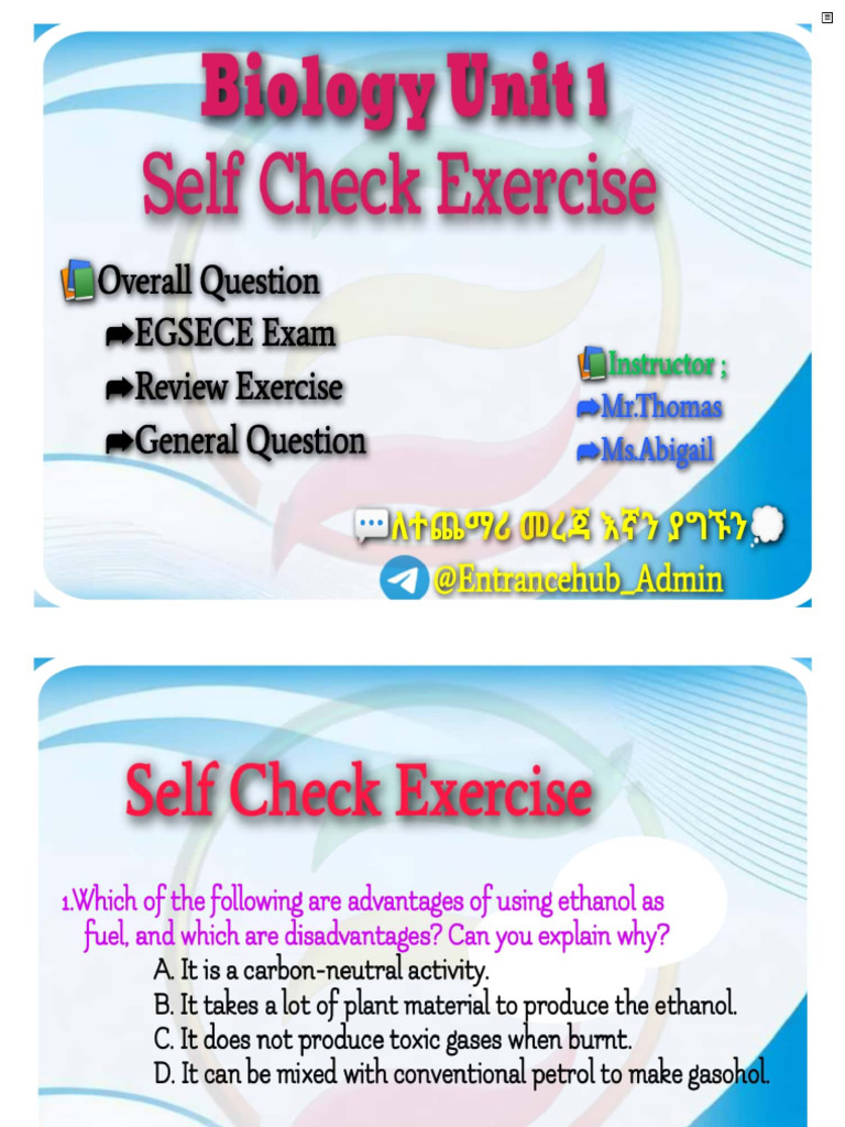 EH G12 Biology Unit 1 Self Check Exersice | PDF