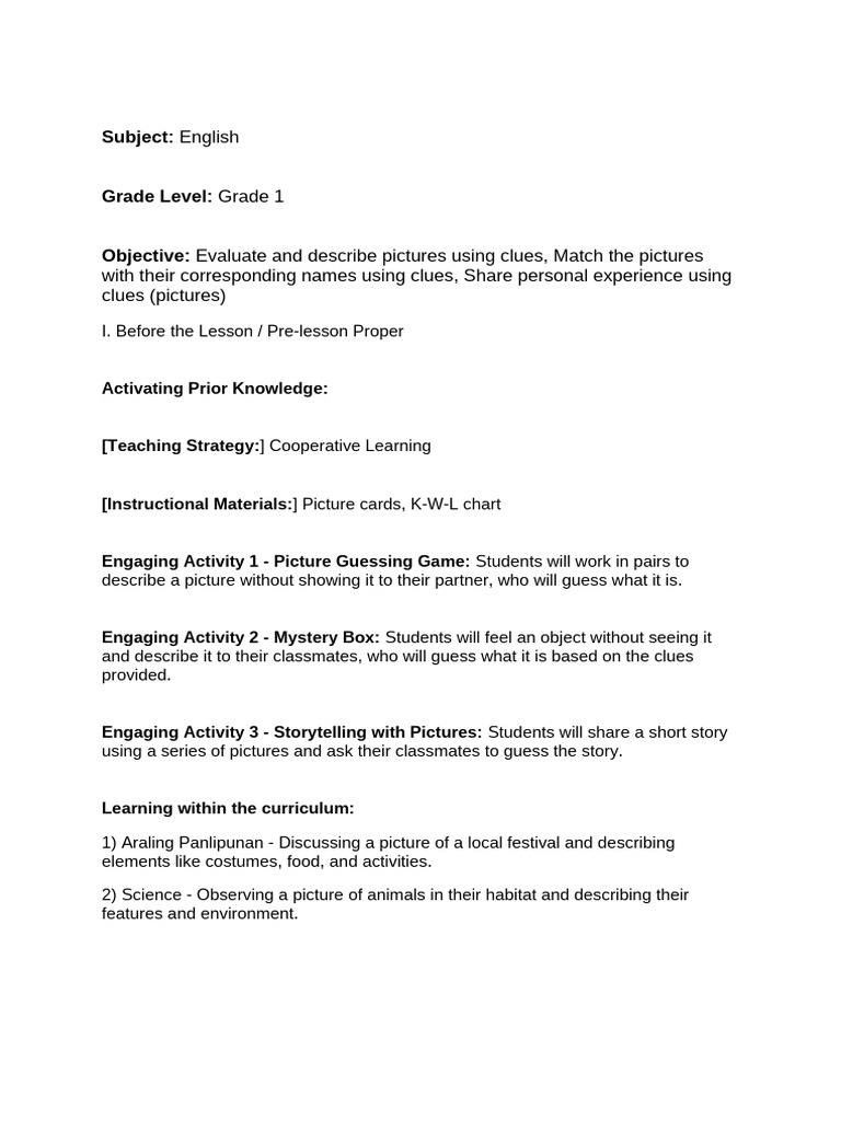 Picture Clue Activities for Grade 1 | PDF | Learning | Lesson Plan
