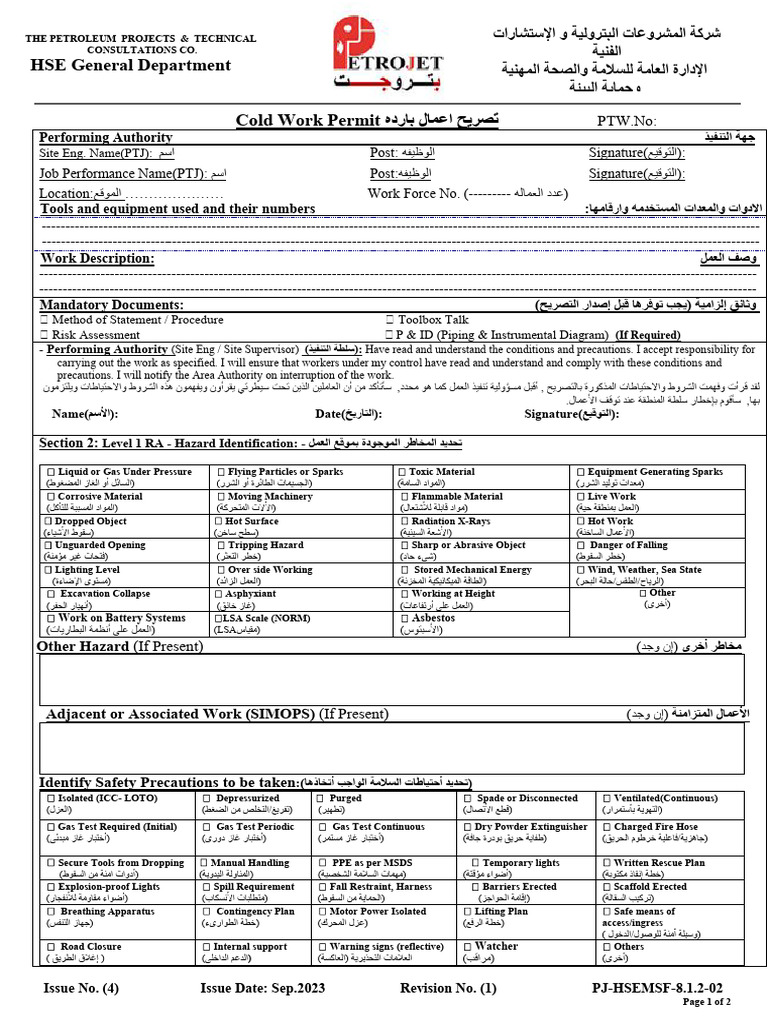 8.1.2-02-Cold Work Permit | PDF | Personal Protective Equipment ...