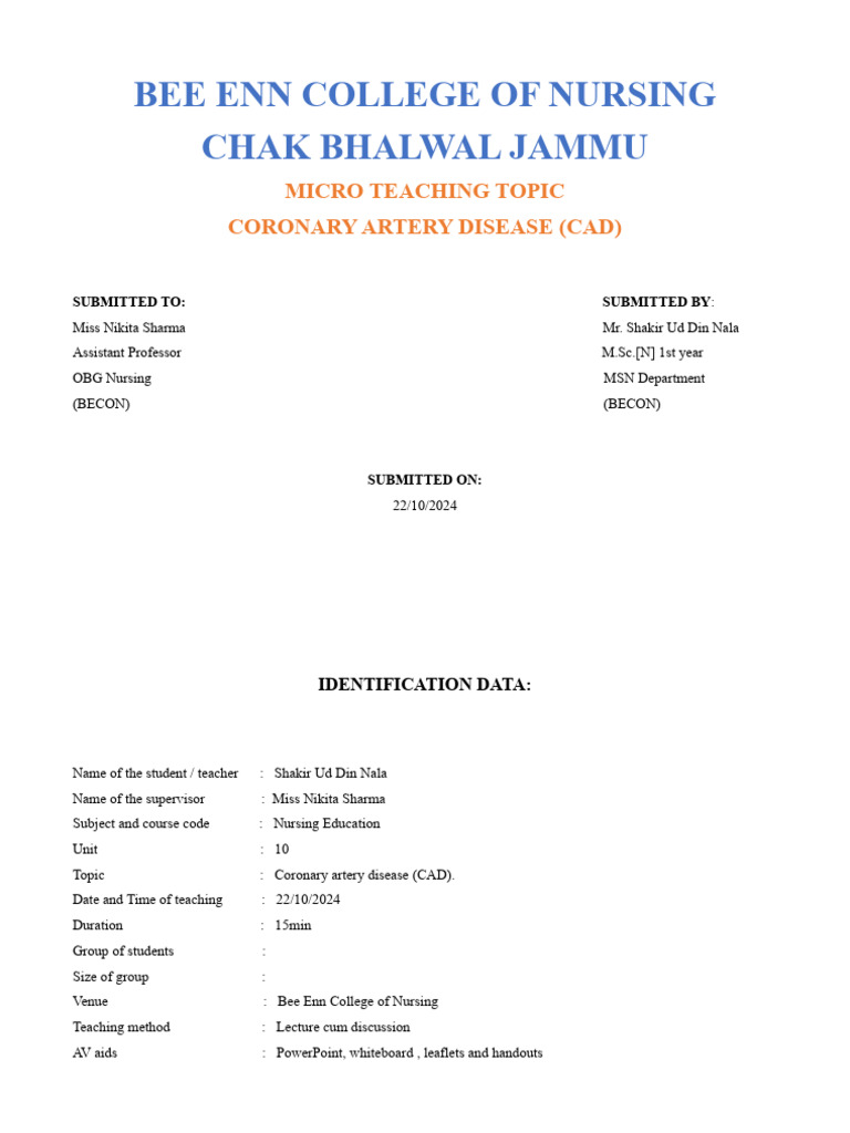 CAD LESSON PLAN | PDF | Myocardial Infarction | Atherosclerosis
