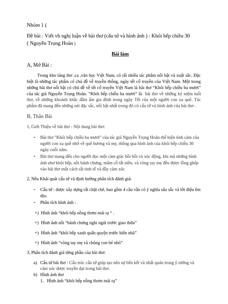 bài thơ khói bếp chiều ba mươi phân tích cấu tứ hình ảnh | PDF