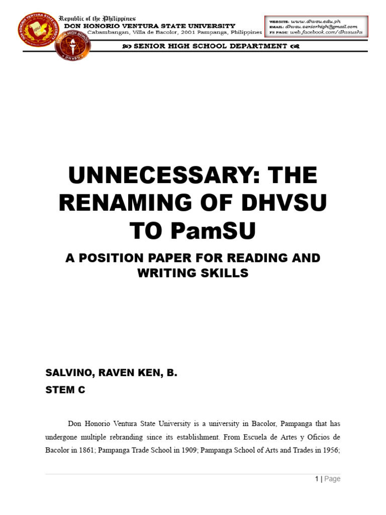 Position Paper of Raven Salvino On The Renaming of Dhvsu To Pamsu | PDF
