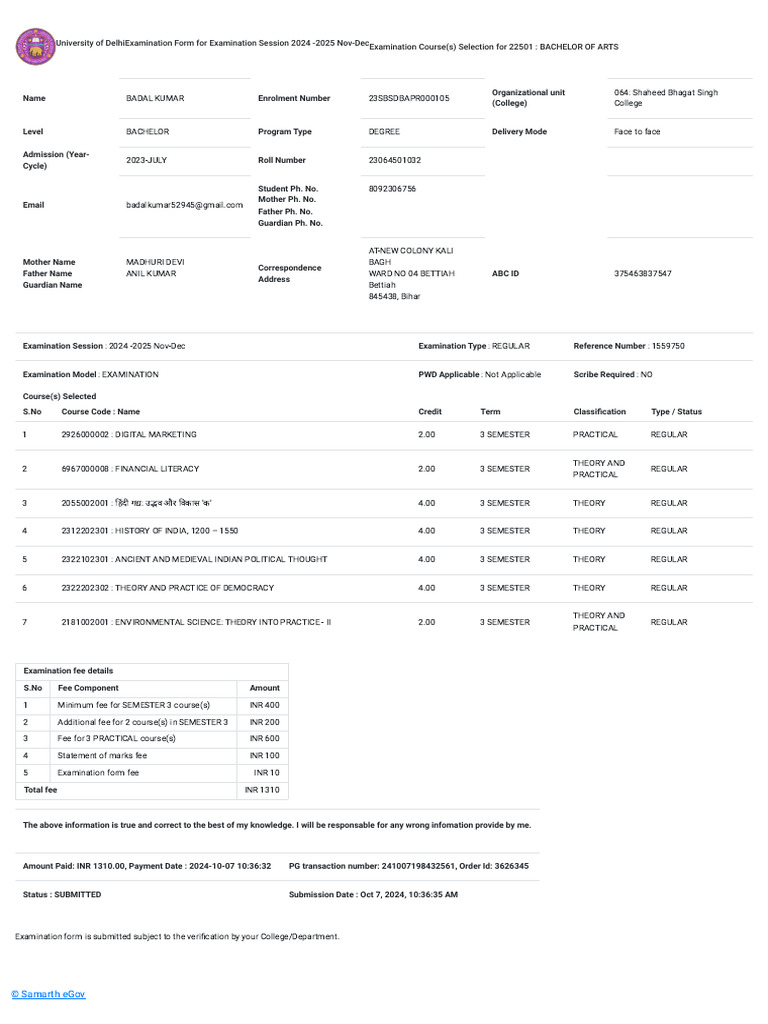 DU Exam Form: BA 2024-25 | PDF