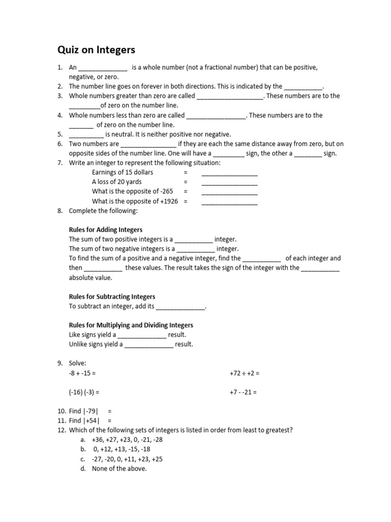 Quiz On Integers Grade 6 | PDF | Integer | Numbers