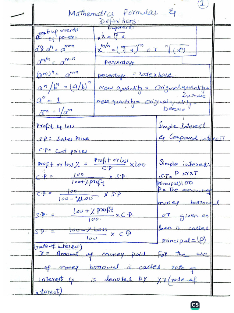 General Ability mathematical Formulas and definitions | PDF