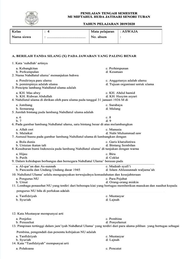 PDF Soal Aswaja Kelas 4 Semester 2 - Compress | PDF