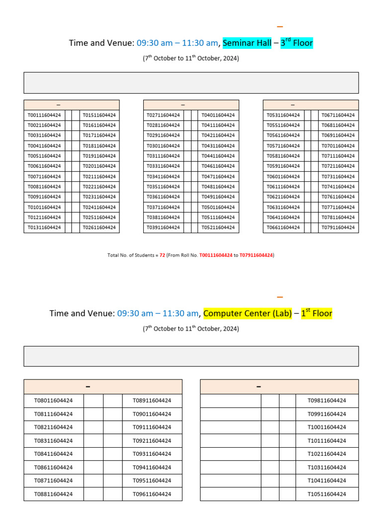 Seating Plan For MCA - 1st Sem Internal Theory Exam (2024-26) | PDF | Schools | Educational ...