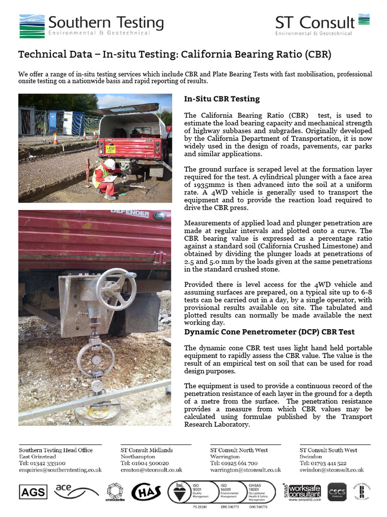 Technical in Situ Testing California Bearing Ratio CBR | PDF