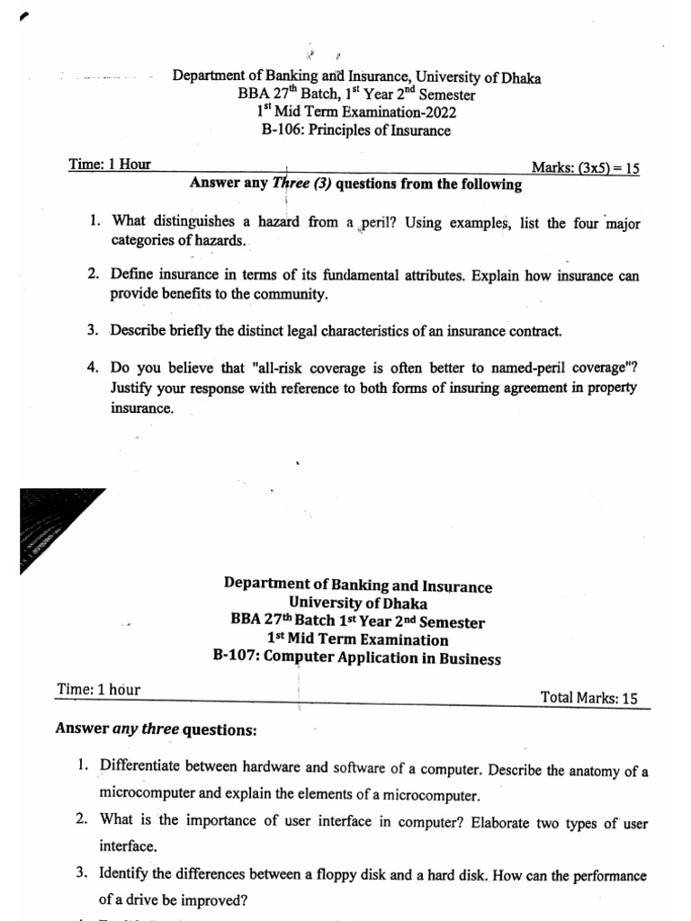 BBA 27 Batch 2nd Semester Mid Questions | PDF