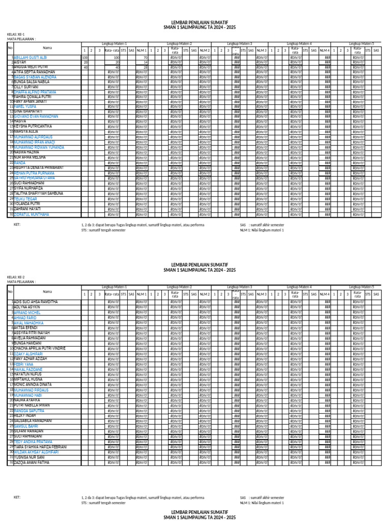 Format Nilai STS Ganjil Kelas Xe Ta.24-25 | PDF