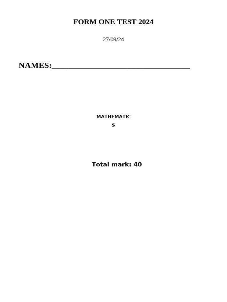 Form 1 Maths Test 27 September 2024 | PDF | Speed | Elementary Mathematics