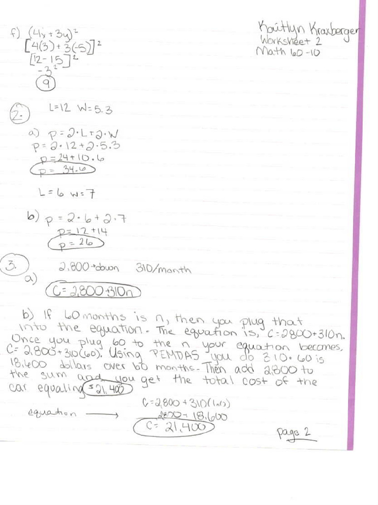 Worksheet 2-Show Work PG 2 Math 60-10 | PDF