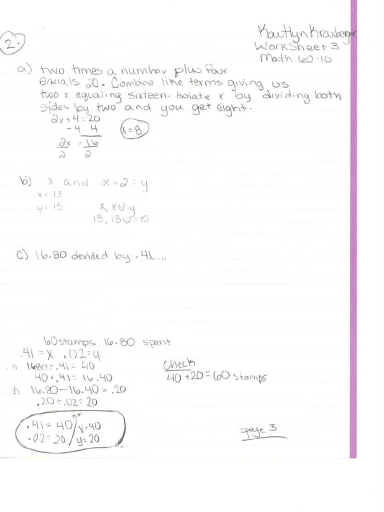 Worksheet 3 - Show Work Pg1 Math 60-10 | PDF