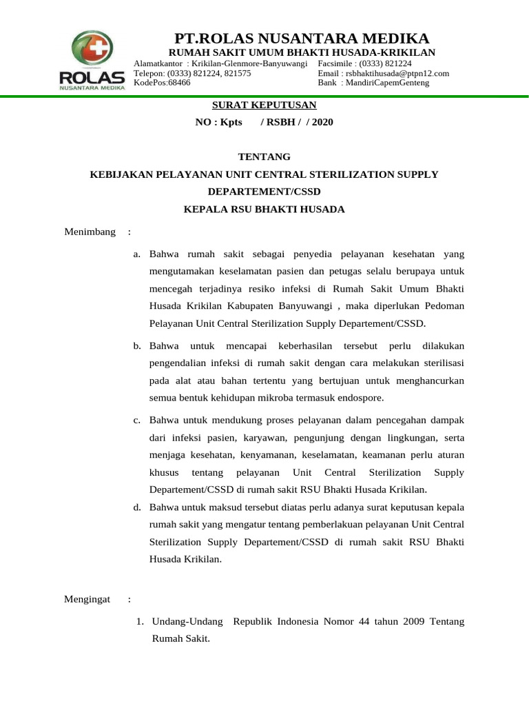 Kebijakan Pelayanan CSSD 2020 | PDF | Pengembangan Diri