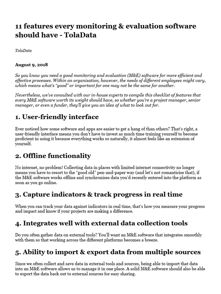 11 Features Every Monitoring & Evaluation Software Should Have - TolaData | PDF | Software ...
