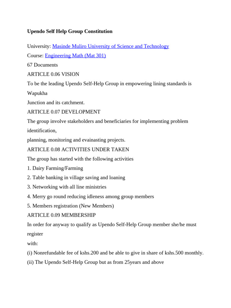 Upendo Self Help Group Constitution | PDF