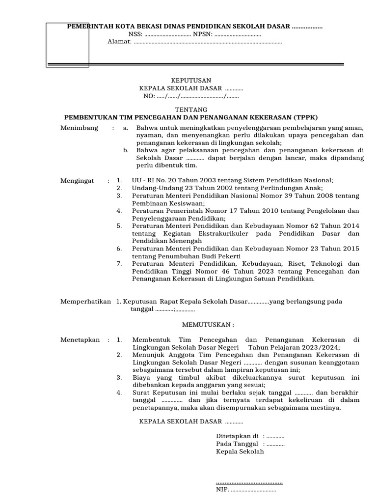 SK Tim Pencegahan Dan Penanganan Kekerasan Di Lingkungan Satuan Pendidikan SD ............. | PDF