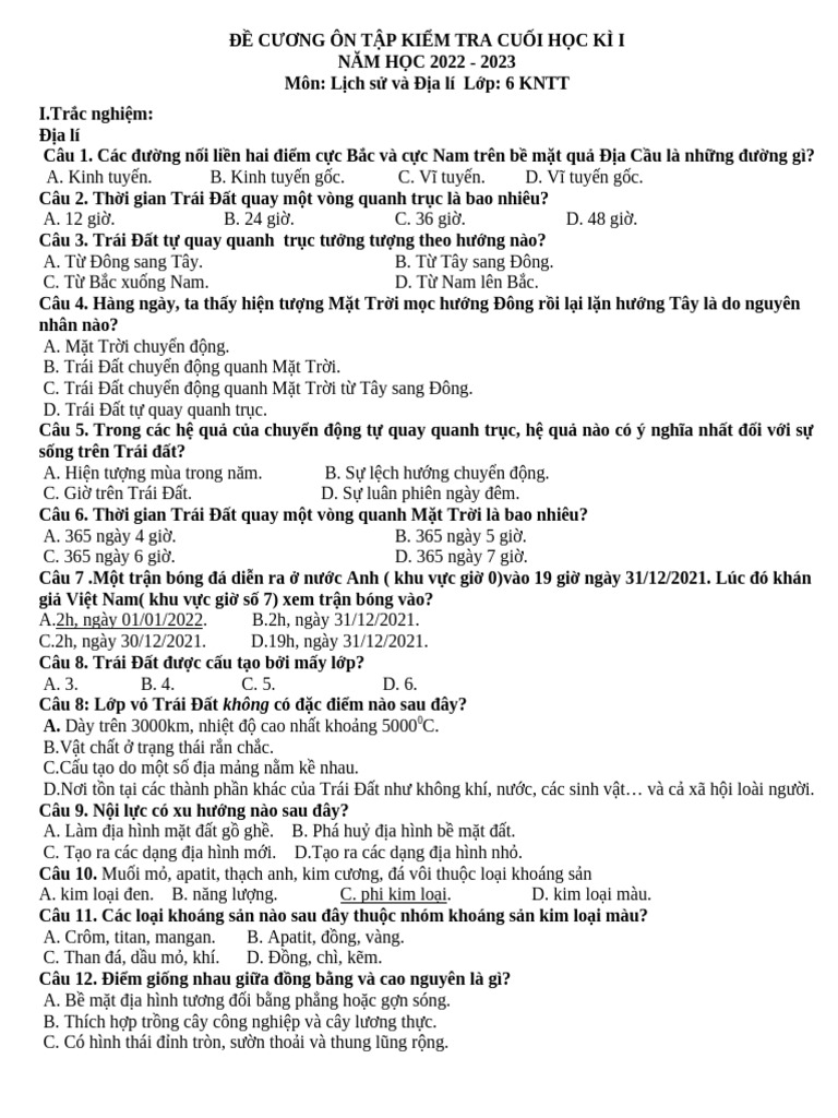 De Cuong On Thi HKI LS Va DL 6 KNTT | PDF