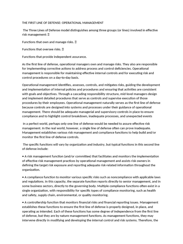 First Line of Defense in Risk Management | PDF | Internal Control ...