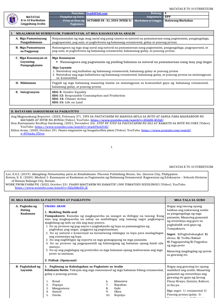 DLL Matatag - Epp 4 Q2 W5 | PDF
