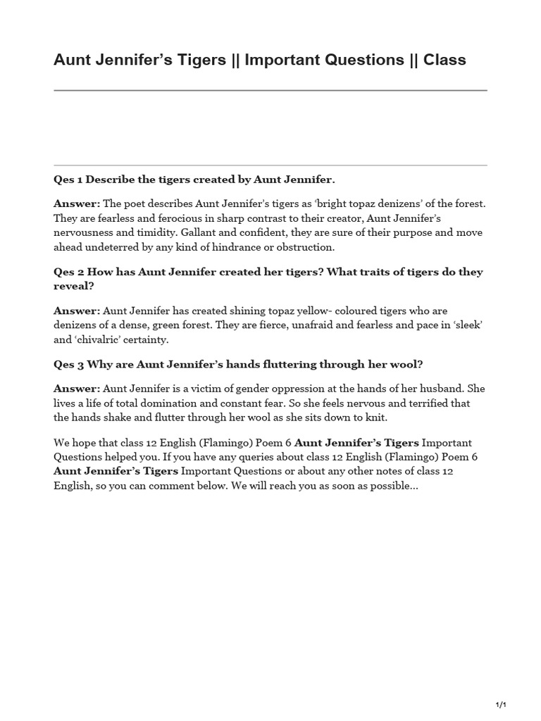 Poem 5 Aunt Jennifers Tigers | PDF | Language Arts & Discipline