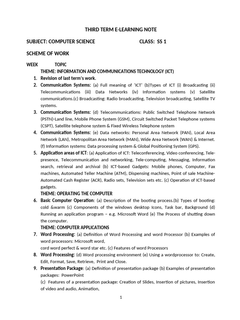 SS 1 3RD TERM COMPUTER SCIENCE-1 | PDF | Telecommunications | Computer ...