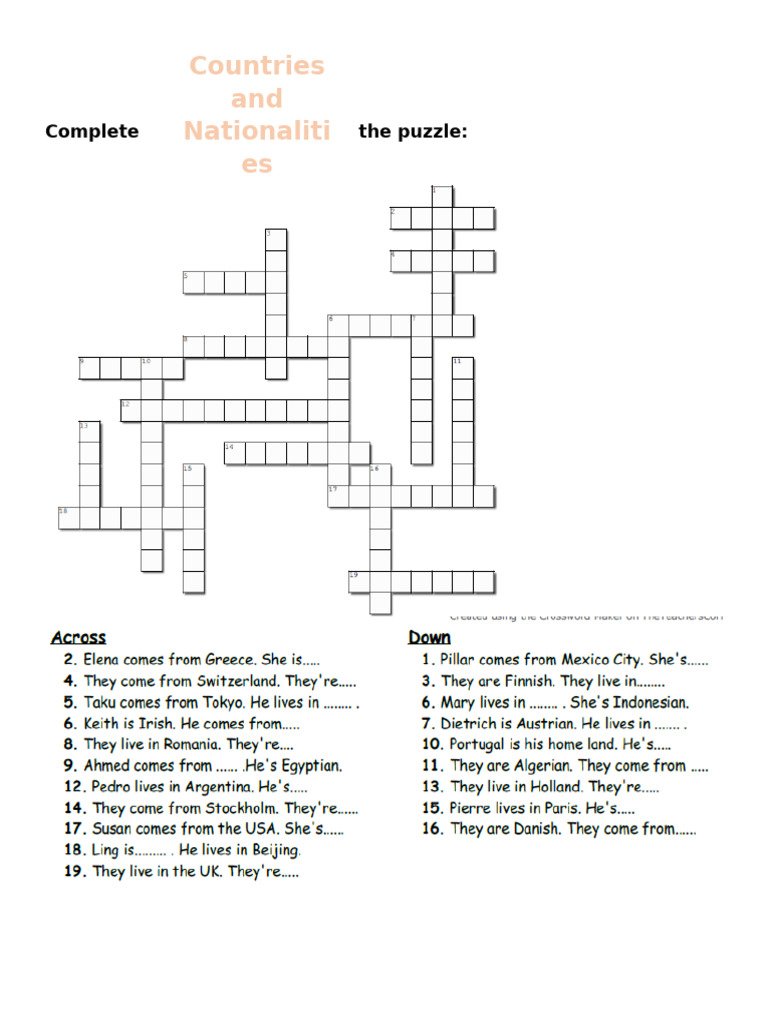 Countries and Nationalities Crosswords - 130576 | PDF