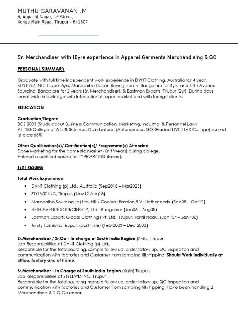 Saravanan CV'23 | PDF | Textiles