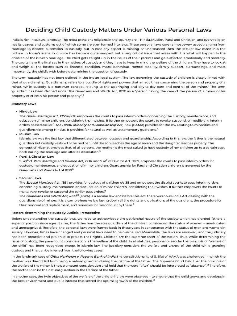 Deciding Child Custody Matters Under Various Personal Laws | PDF ...