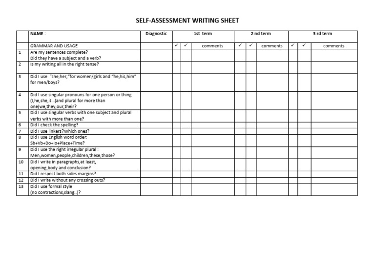 Self-Assessment Writing Sheet | PDF | Foreign Language Studies