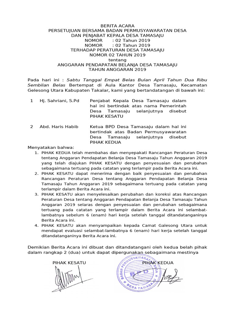 Berita Acara Persetujuan Bersama BPD Dan Pemdes Tentang Apbdes 2019 | PDF