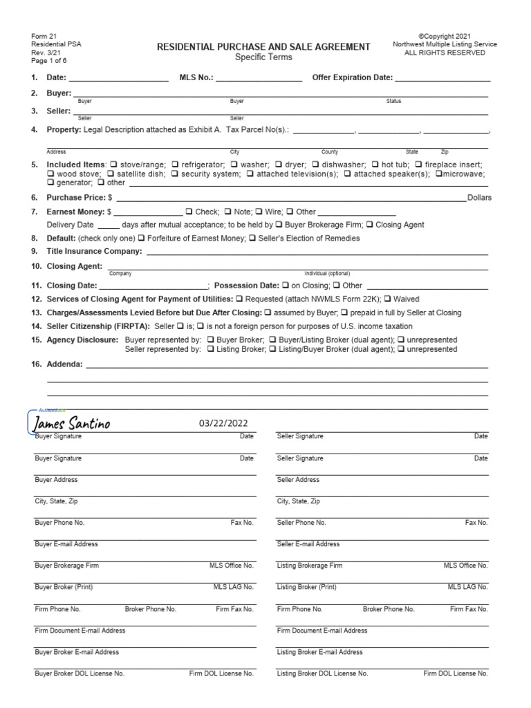1024 N Washington - Form 21 - Residential Purchase and Sale Agreement ...