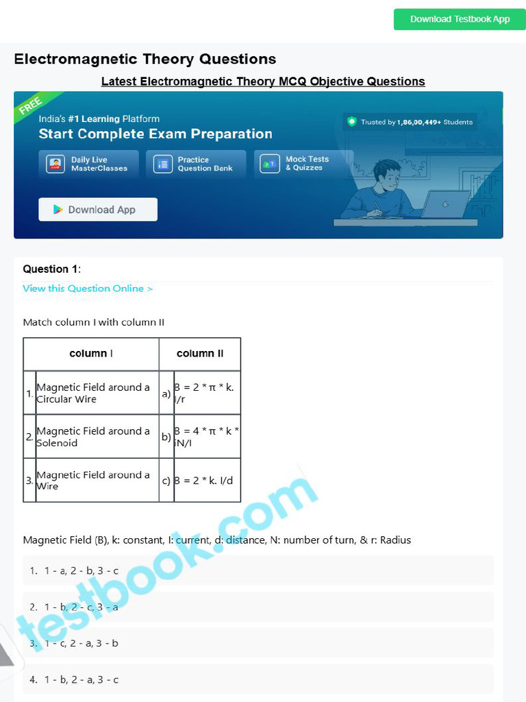 MCQ On Electromagnetic Theory 5eea6a0b39140f30f369dd90 | PDF