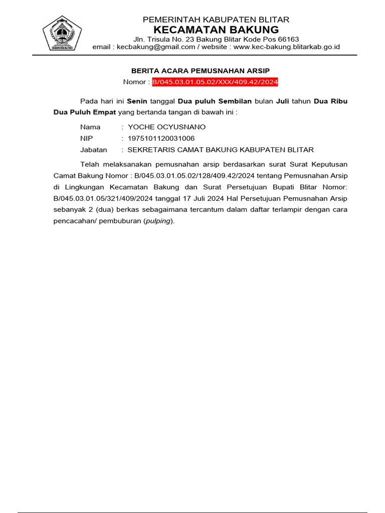 Pemusnahan Arsip Kecamatan Bakung 2024 | PDF