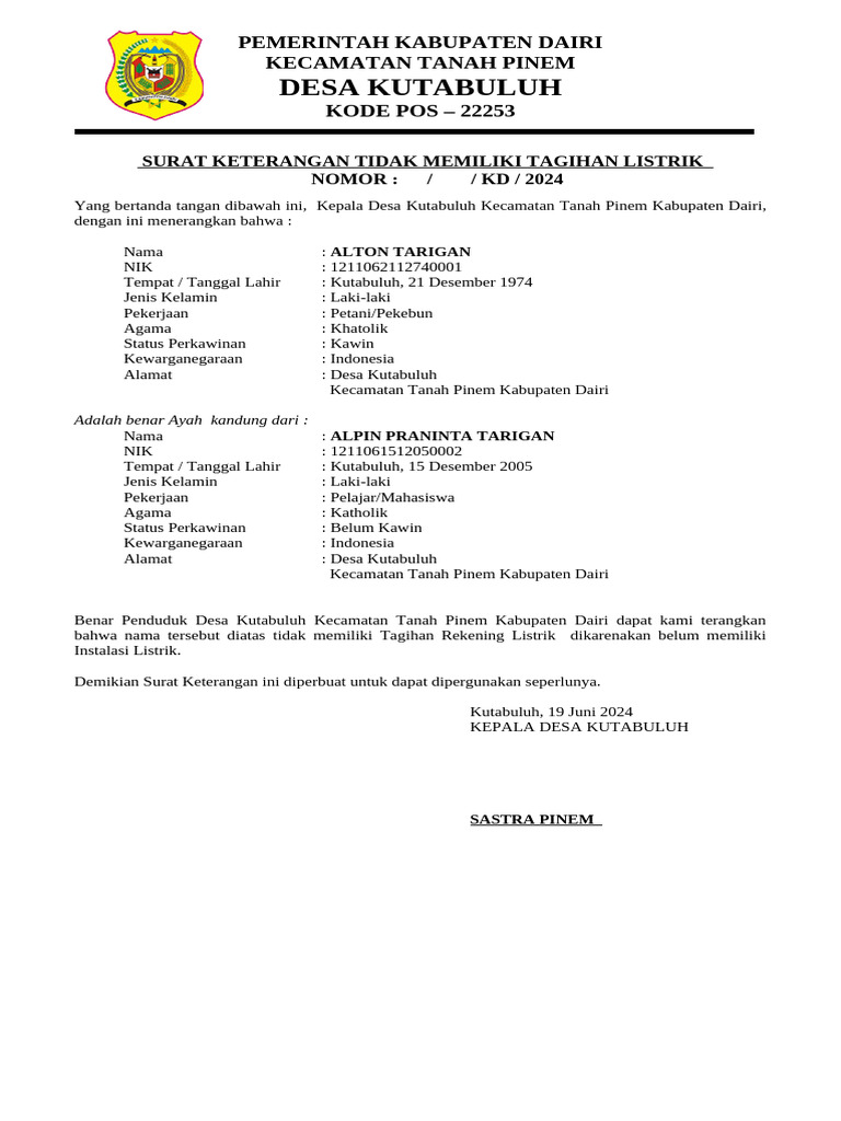 Surat Keterangan Tidak Memiliki Tagihan Listrik | PDF