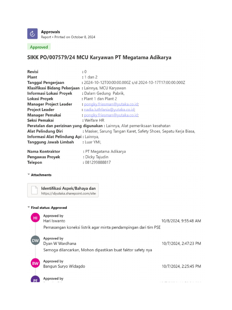 SIKK PO+007579+24 MCU Karyawan PT Megatama Adikarya | PDF