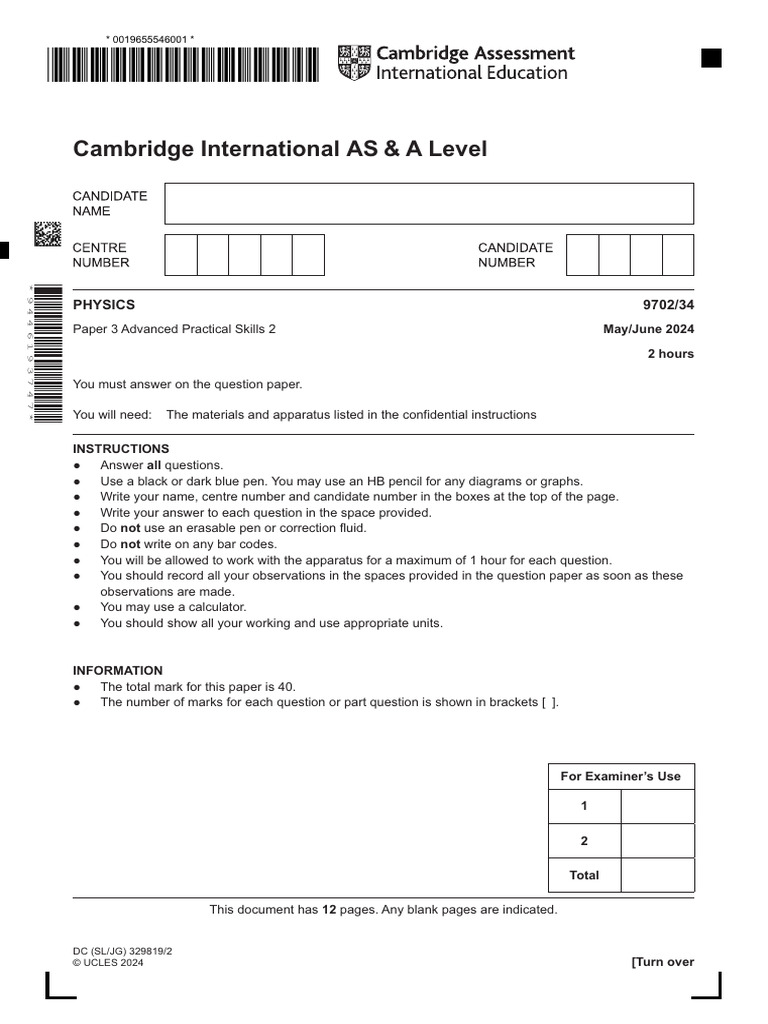 Cambridge International AS & A Level: Physics 9702/34 | PDF