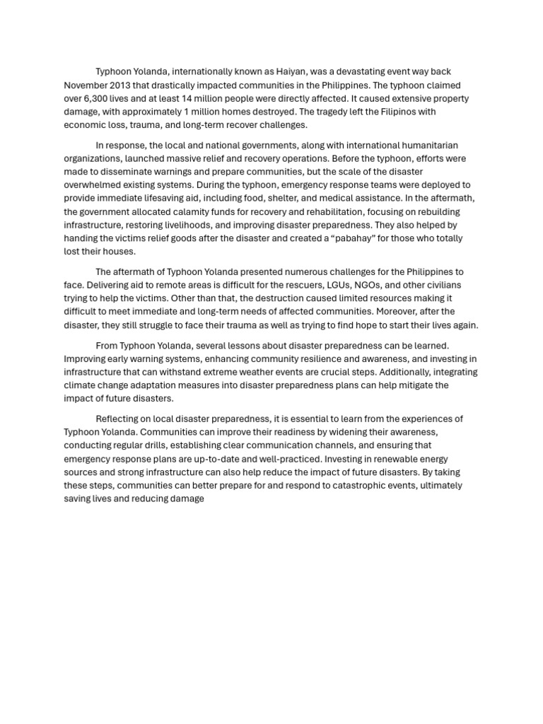 Typhoon Yolanda Reflection Essay | PDF | Emergency Management | Disasters