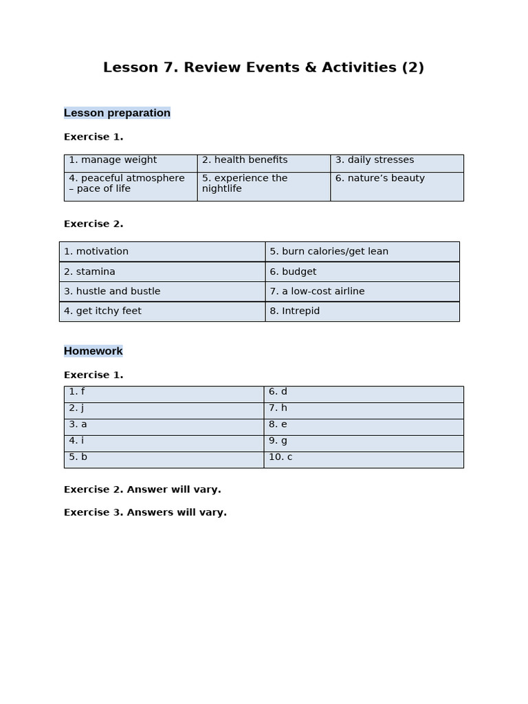 Answer Key. L7. Speaking - Review Events & Activities | PDF