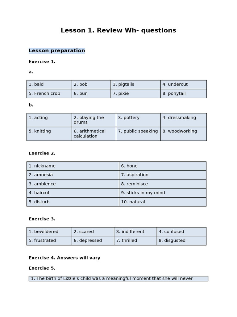 Answer Key. L1. Speaking - Review Wh-Questions | PDF | Career & Growth