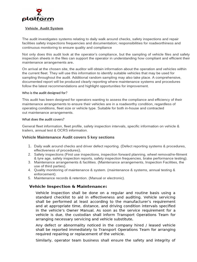 Vehicle Maintenance Audit Overview | PDF | Audit | Vehicles