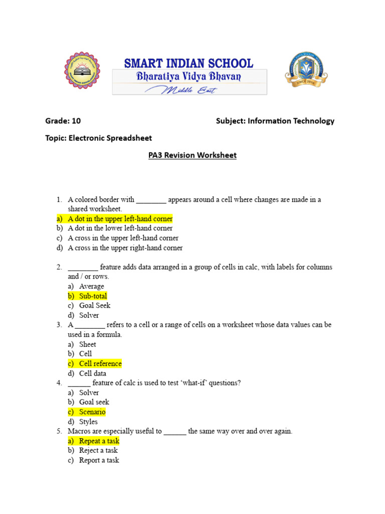 Revision Worksheet With Answers | PDF | Worksheet | Spreadsheet