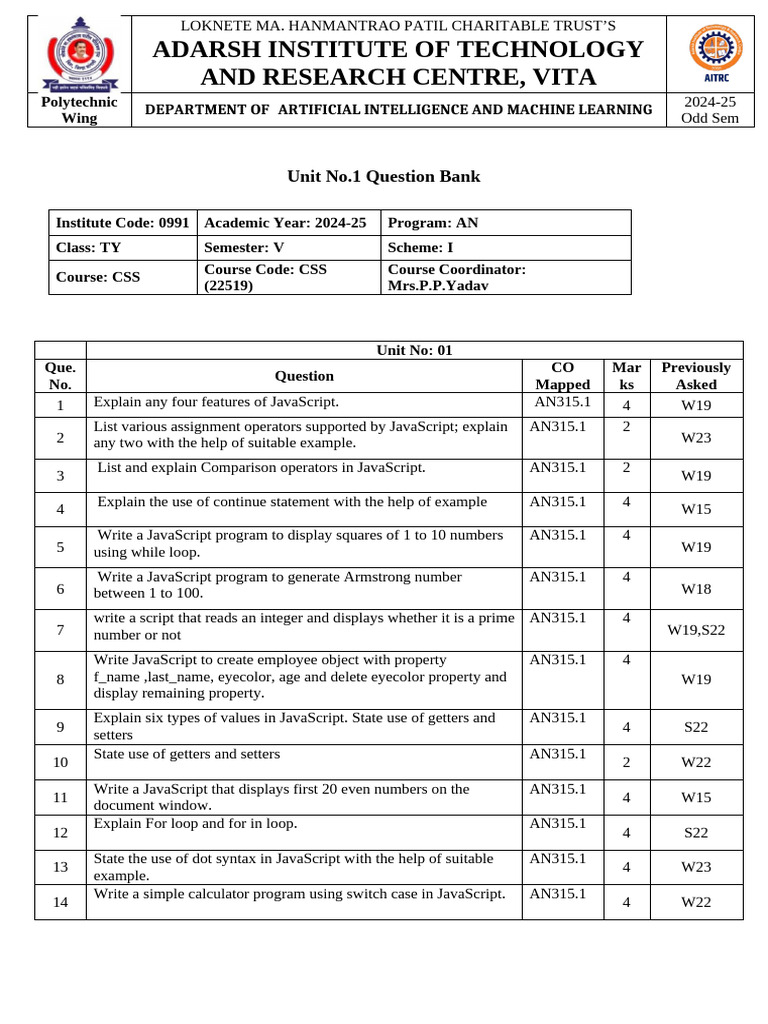 JavaScript Question Bank for TY CSS | PDF | Http Cookie | Java Script