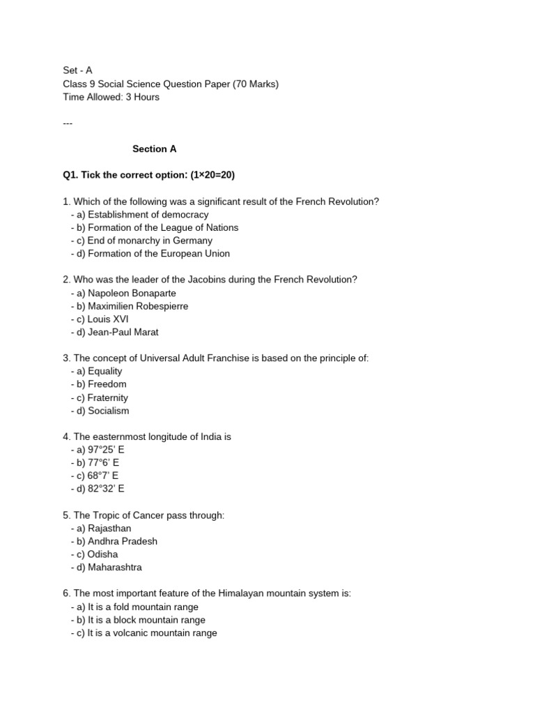 Class 9 Set A Social Science Question Paper For Sport Students | PDF ...