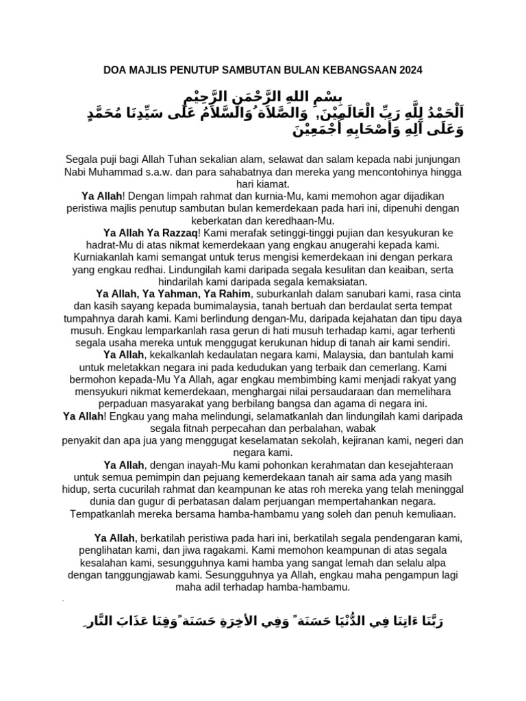 Doa Majlis Penutup Sambutan Bulan Kebangsaan 2024 | PDF | Agama & Spiritualitas
