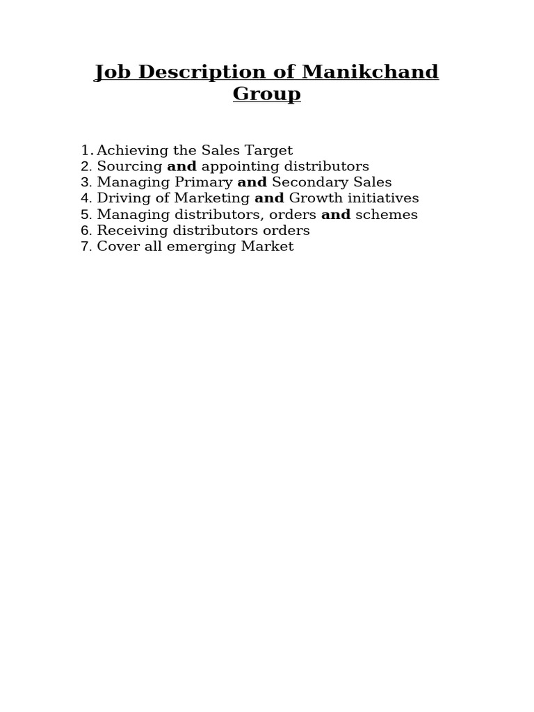 Manikchand Group Job Description | PDF