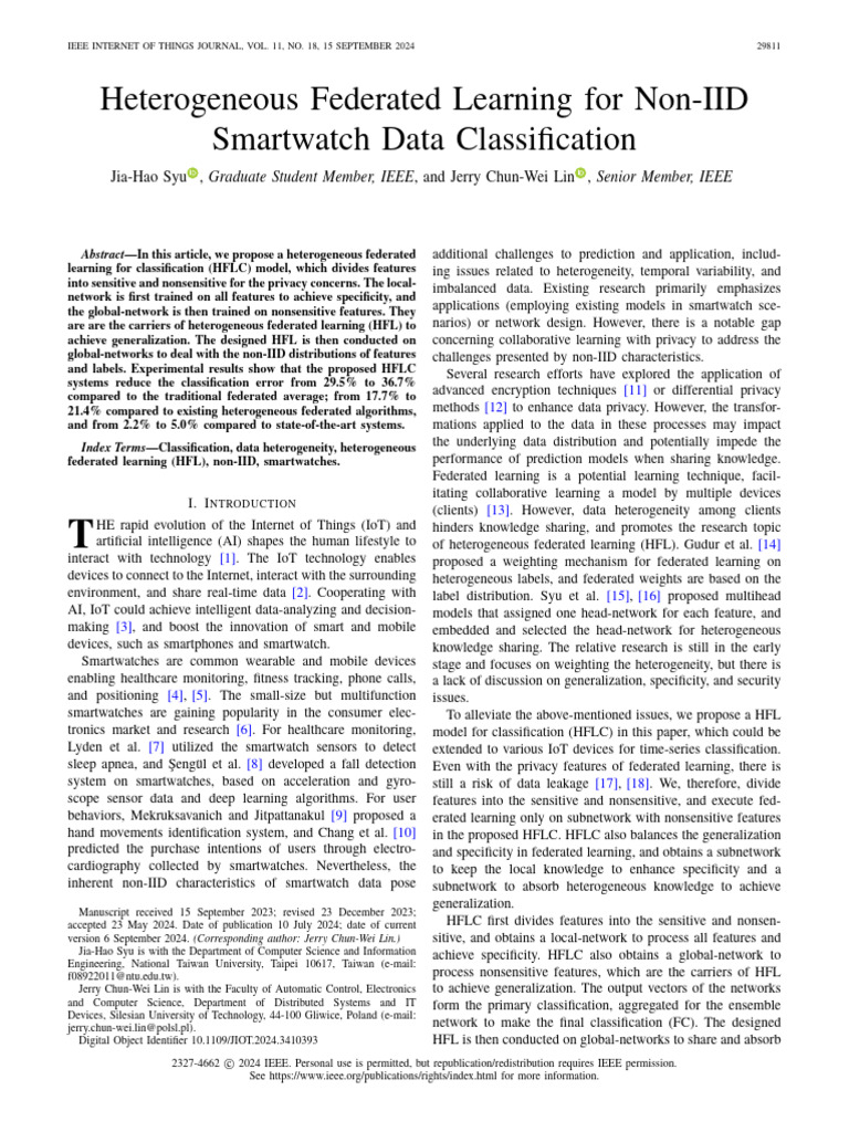 Heterogeneous Federated Learning For Non-IID Smartwatch Data Classification | PDF | Internet Of ...