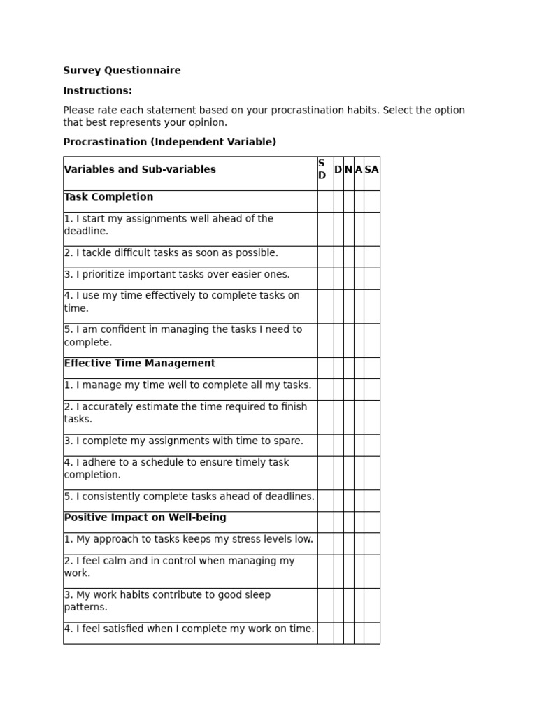 Survey Questionnaire On Procrastination On Academic Peformance of Grade ...