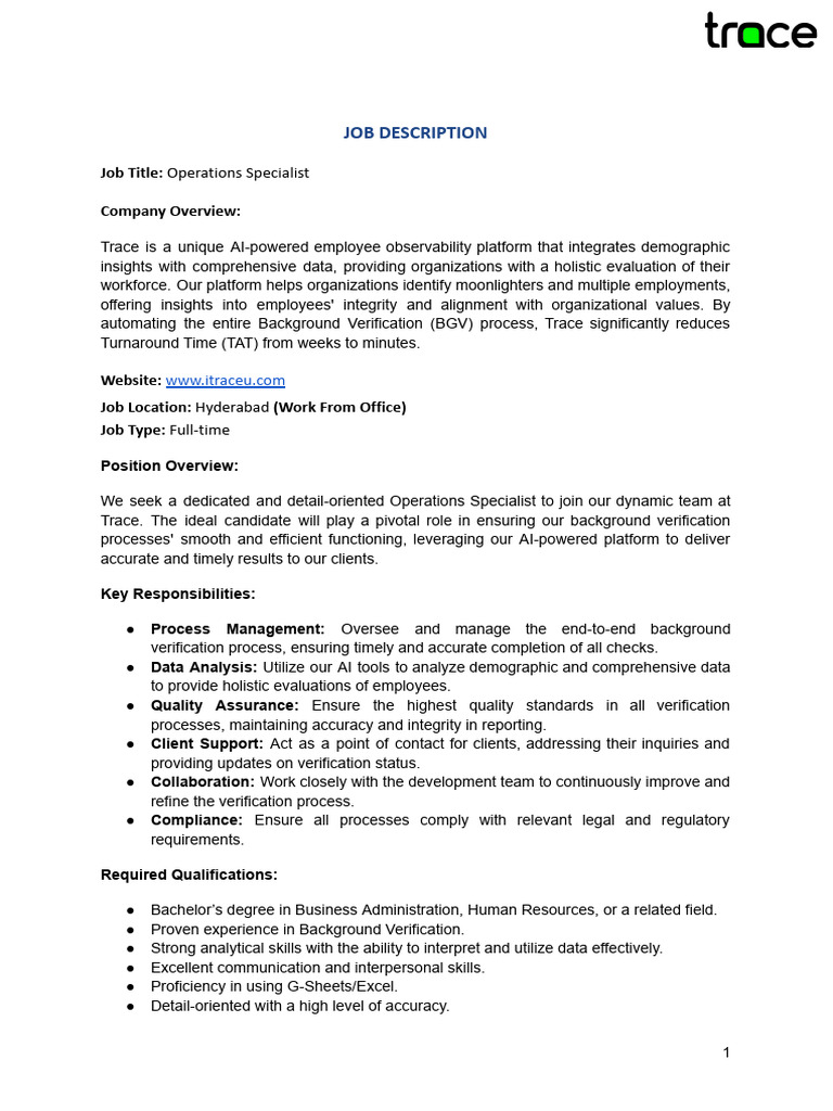 Job Description - Operations Specialists - Trace | PDF | Business
